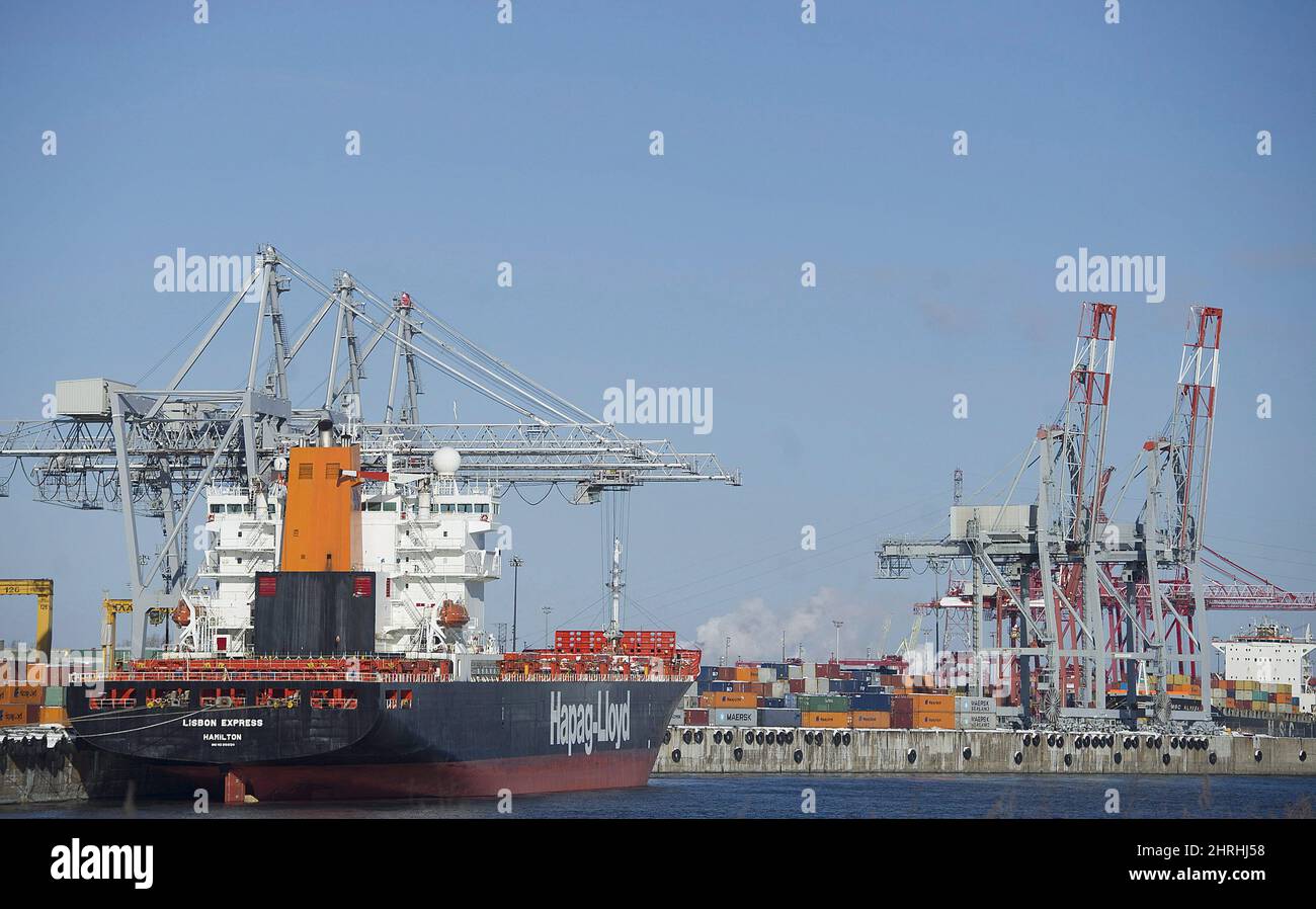 Container ships are shown in the Port of Montreal on January 4, 2016 ...