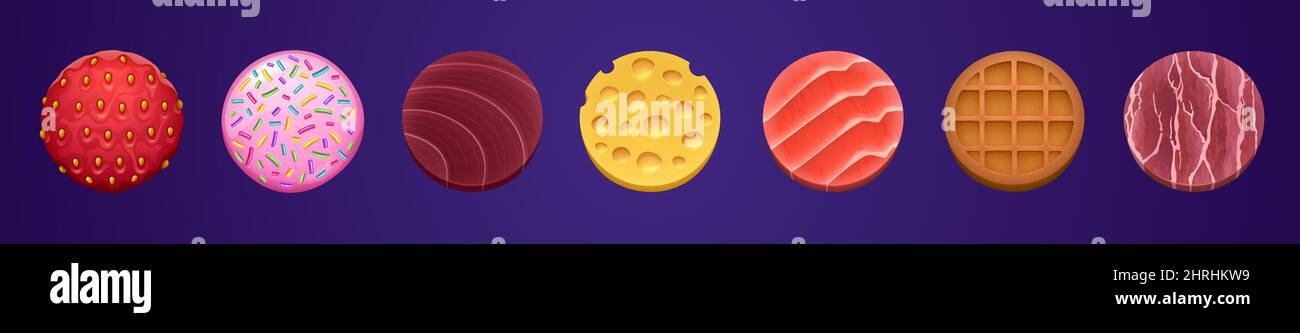 Game ui food app icons, round buttons, cartoon menu interface. Gui ...