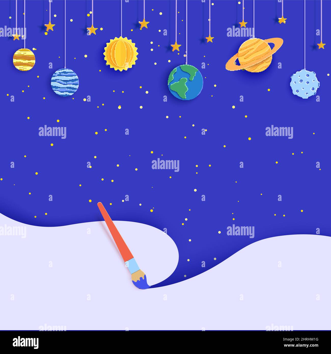 Space with planets on rope in paper cut style. Cut out 3d universe ...