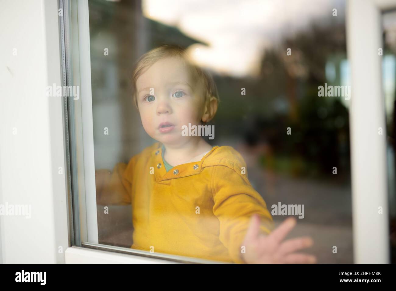 Adorable toddler boy looking through the window at home. Little child ...