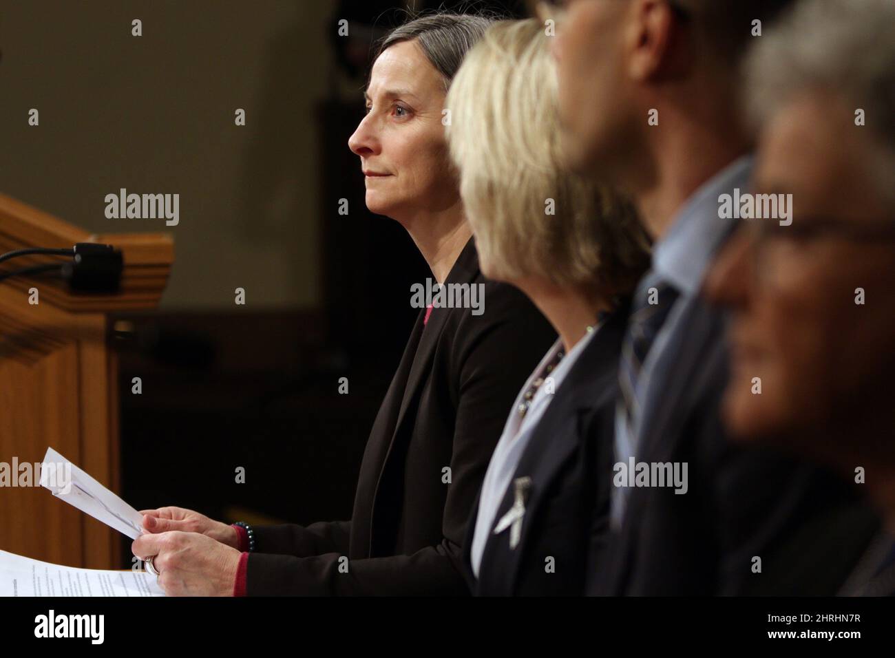 Chief coroner Lisa Lapointe looks on before a press conference about ...