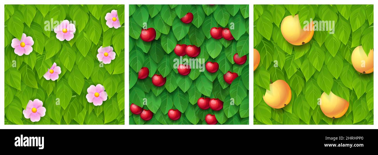 Game textures of green tree leaves with flowers and fruits. Seamless ...