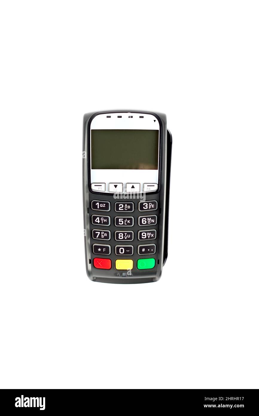 Vertical shot of the credit card terminal isolated on the white ...