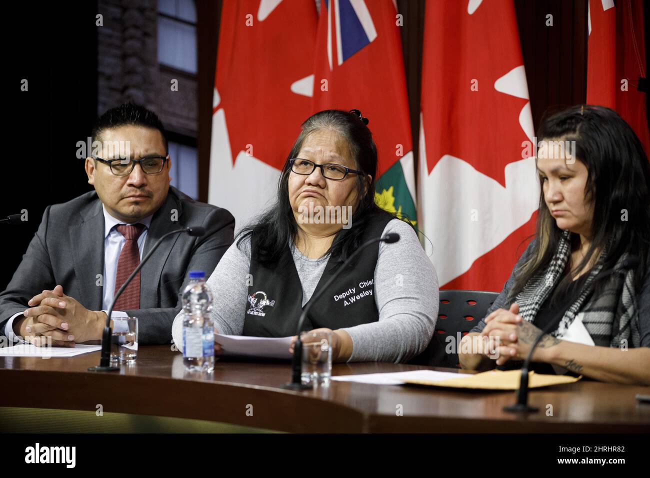 Cat Lake First Nation deputy chief Abigail Wesley, centre, speaks to ...