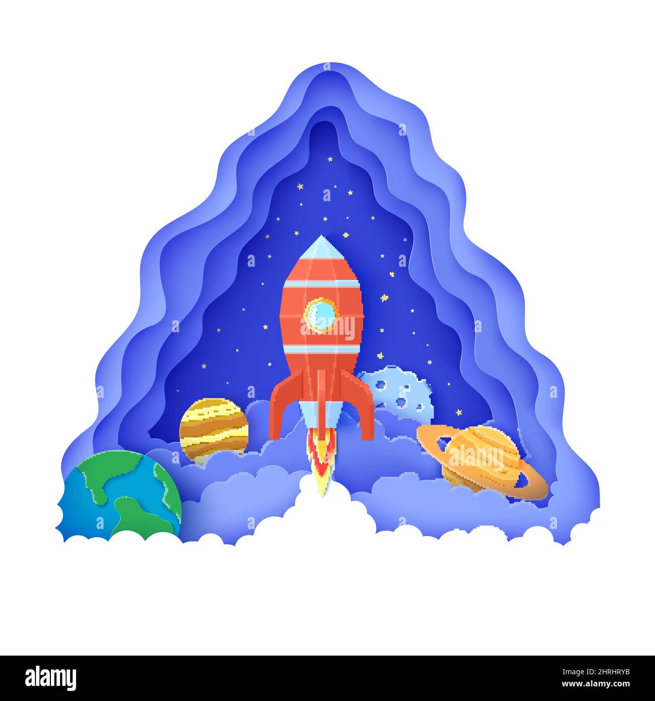Red rocket launch in space in paper cut style. Triangular layered frame ...