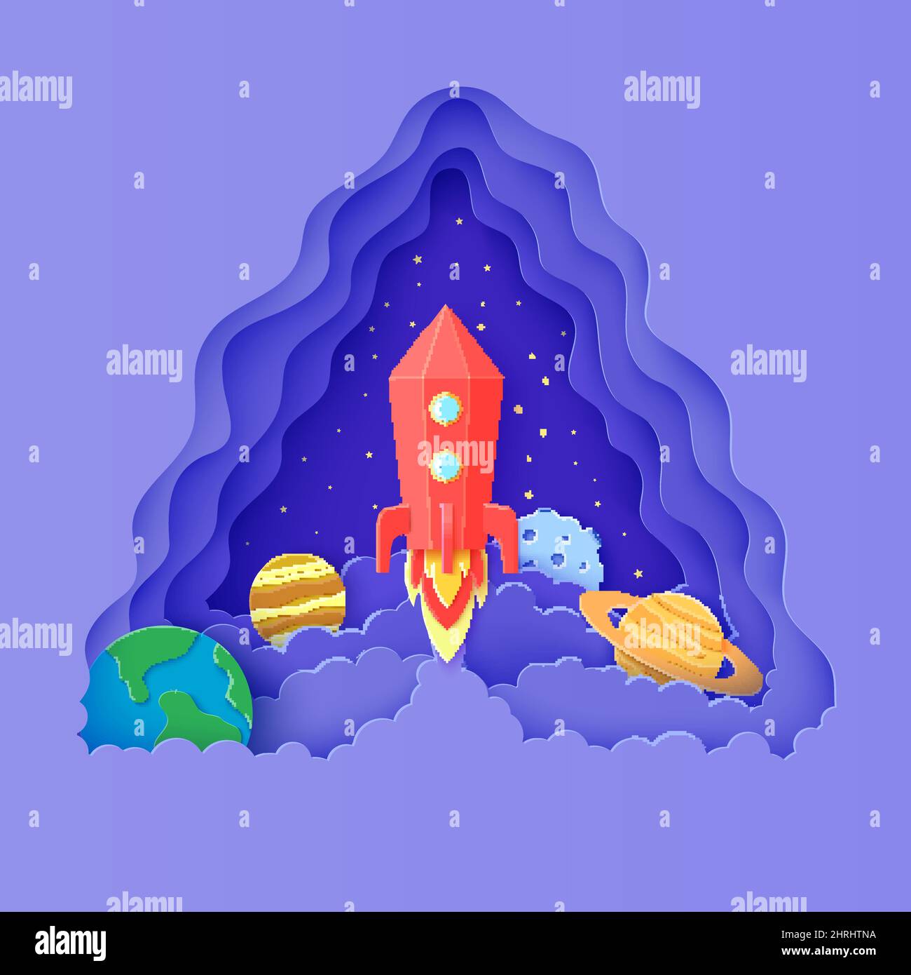 Red rocket launch in space in paper cut style. Triangular layered frame ...