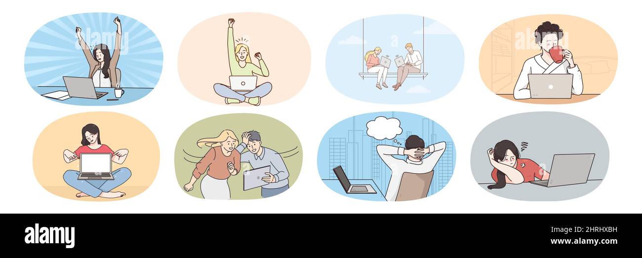 Collection of diverse people work online on computer. Set of ...