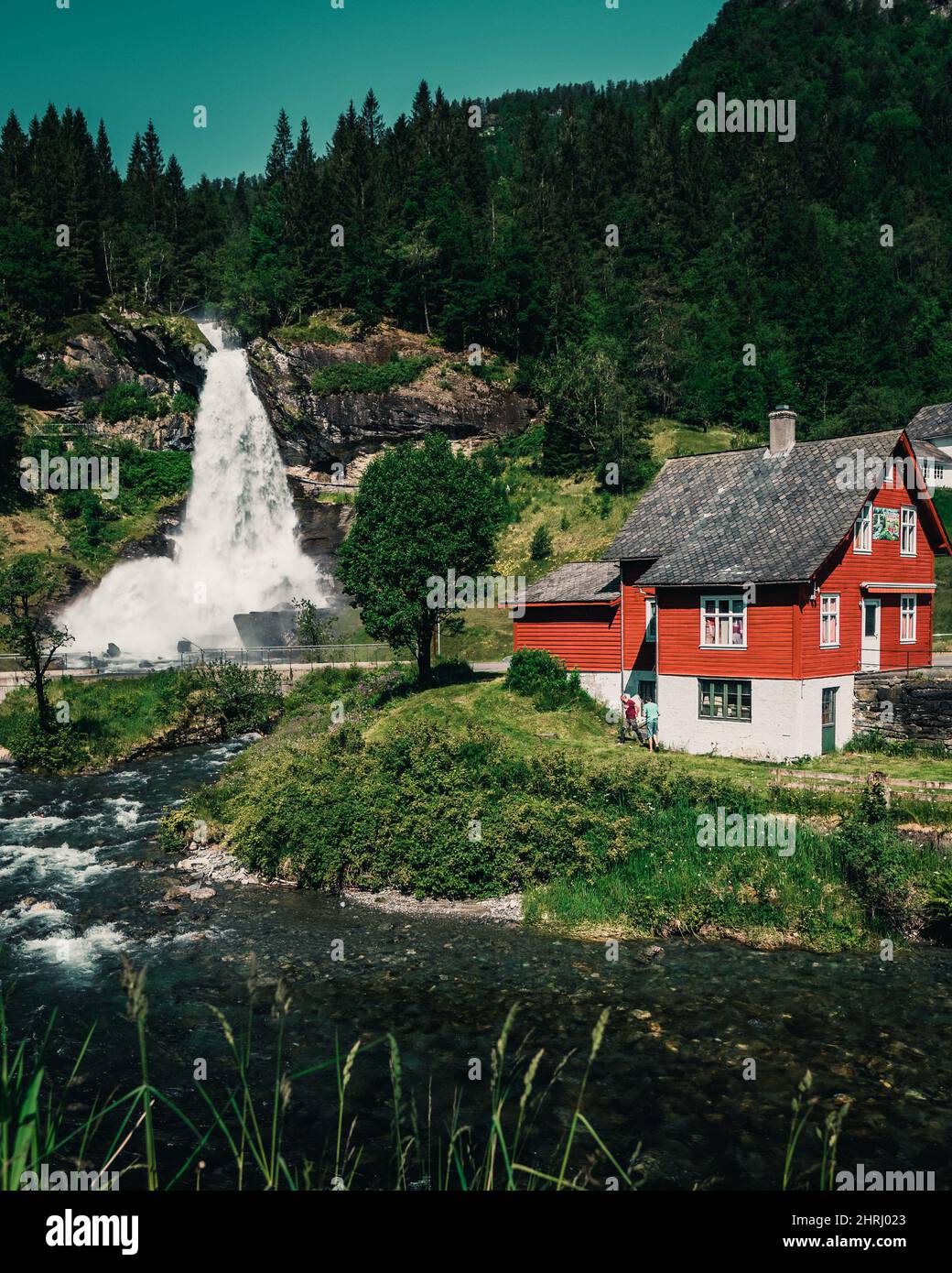 Vertical shot of a red rural building in a green field with trees and a ...
