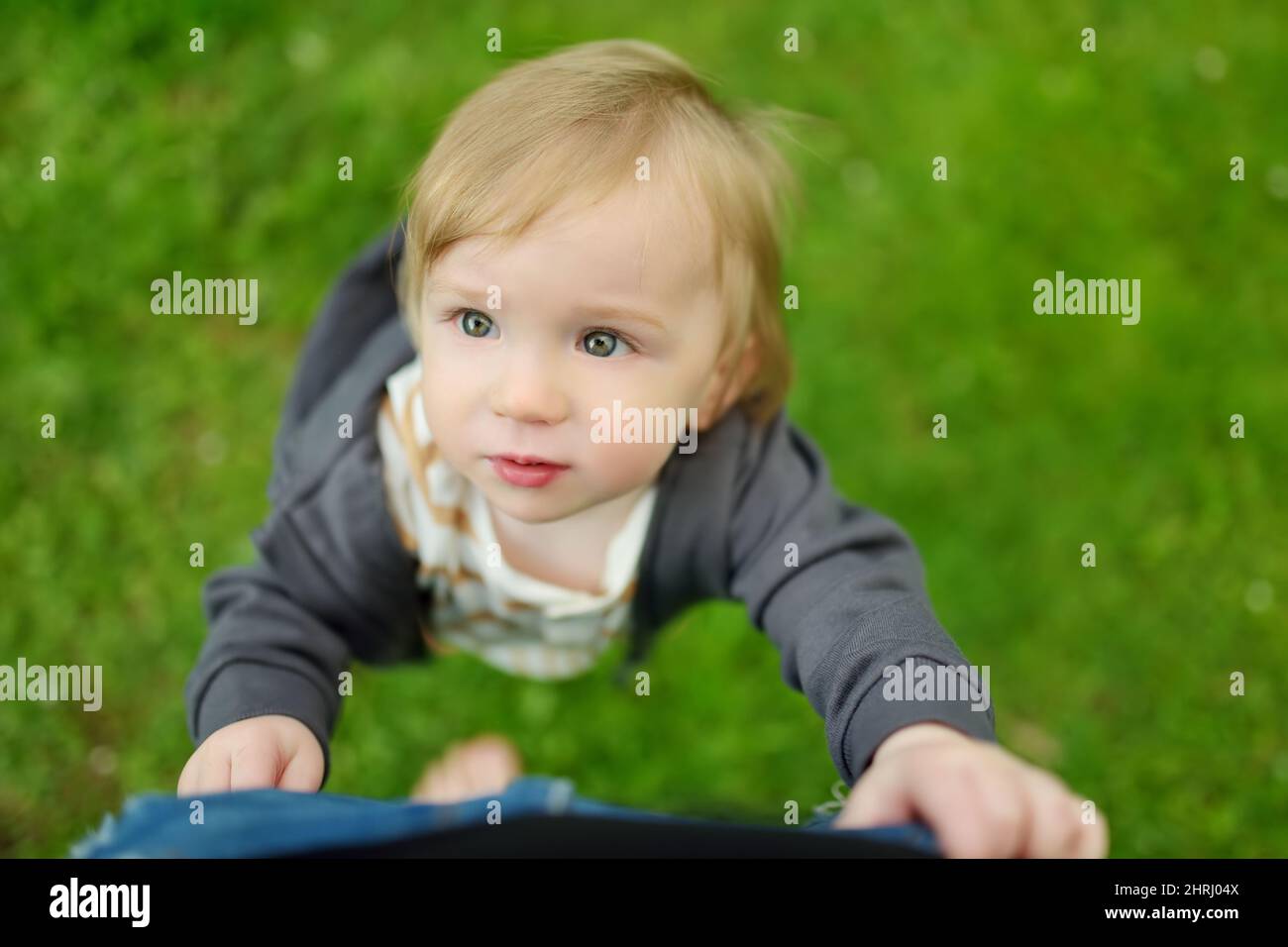 Funny toddler boy having fun outdoors on sunny summer day. Child ...