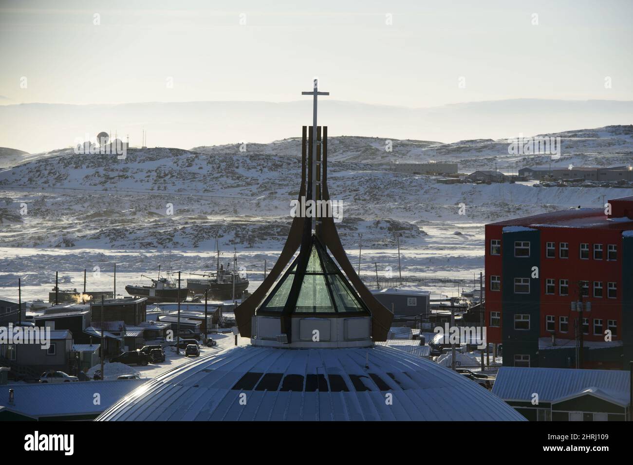 A cross sits atop a church in Iqaluit, Nunavut, on Wednesday, March 6 ...