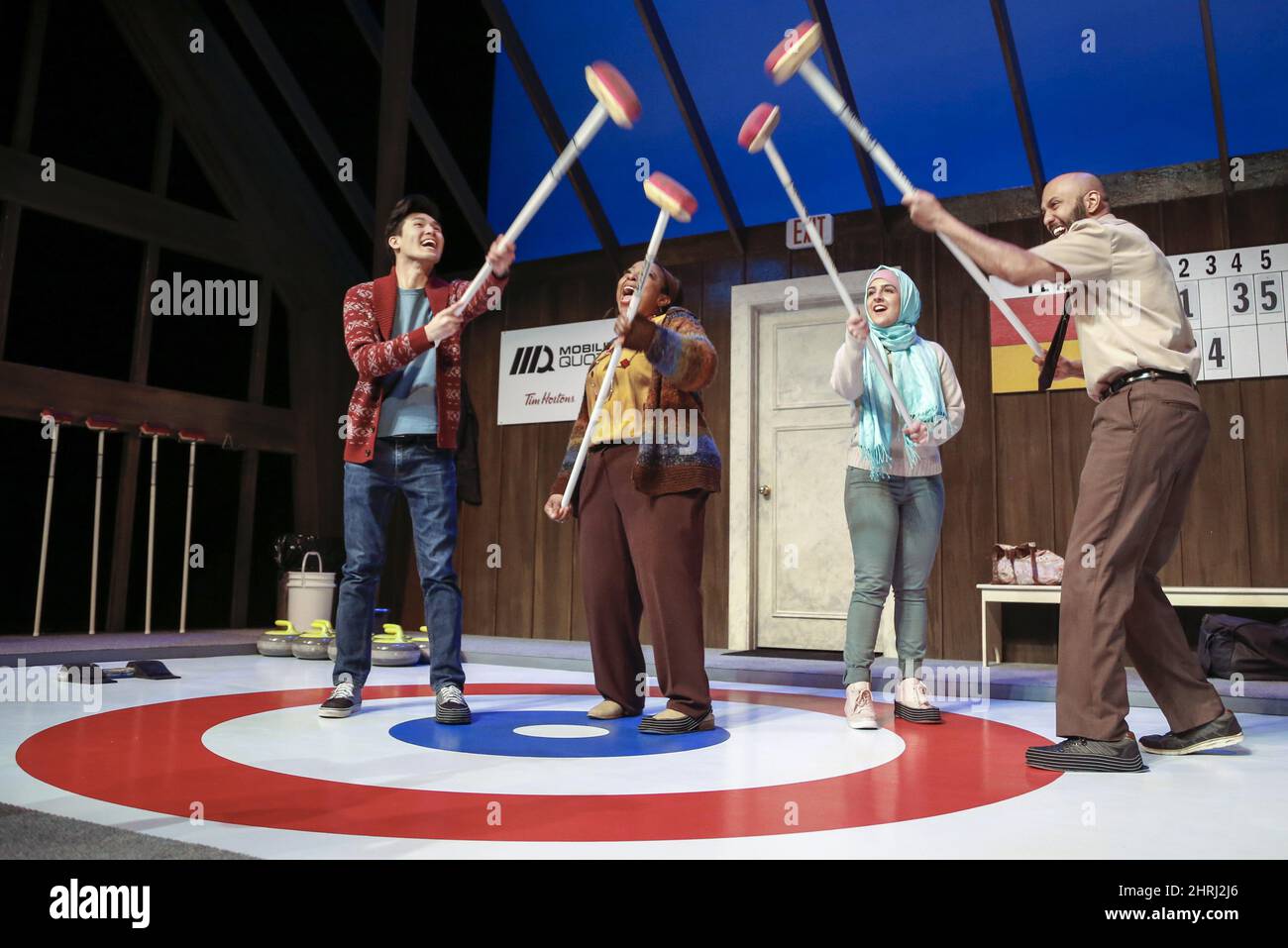 Actors, left to right, Jonathan Ho, Jenni Burke, Sepidar Yeganeh Farid ...