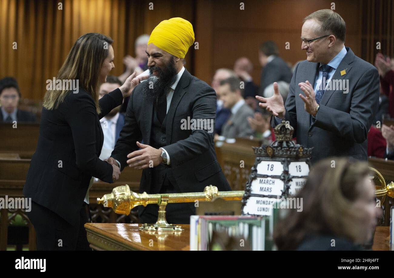NDP Leader Jagmeet Singh is introduced by NDP MP Peter Julian and Ruth ...