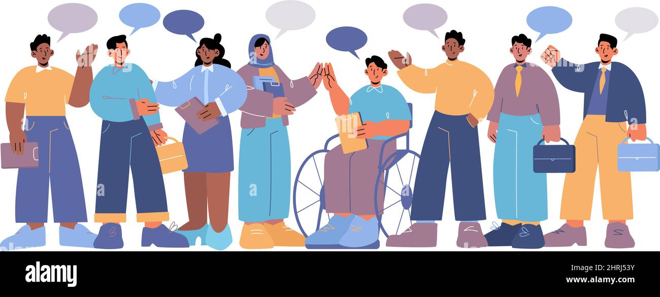 Diverse business people multiracial team communicate with speech ...