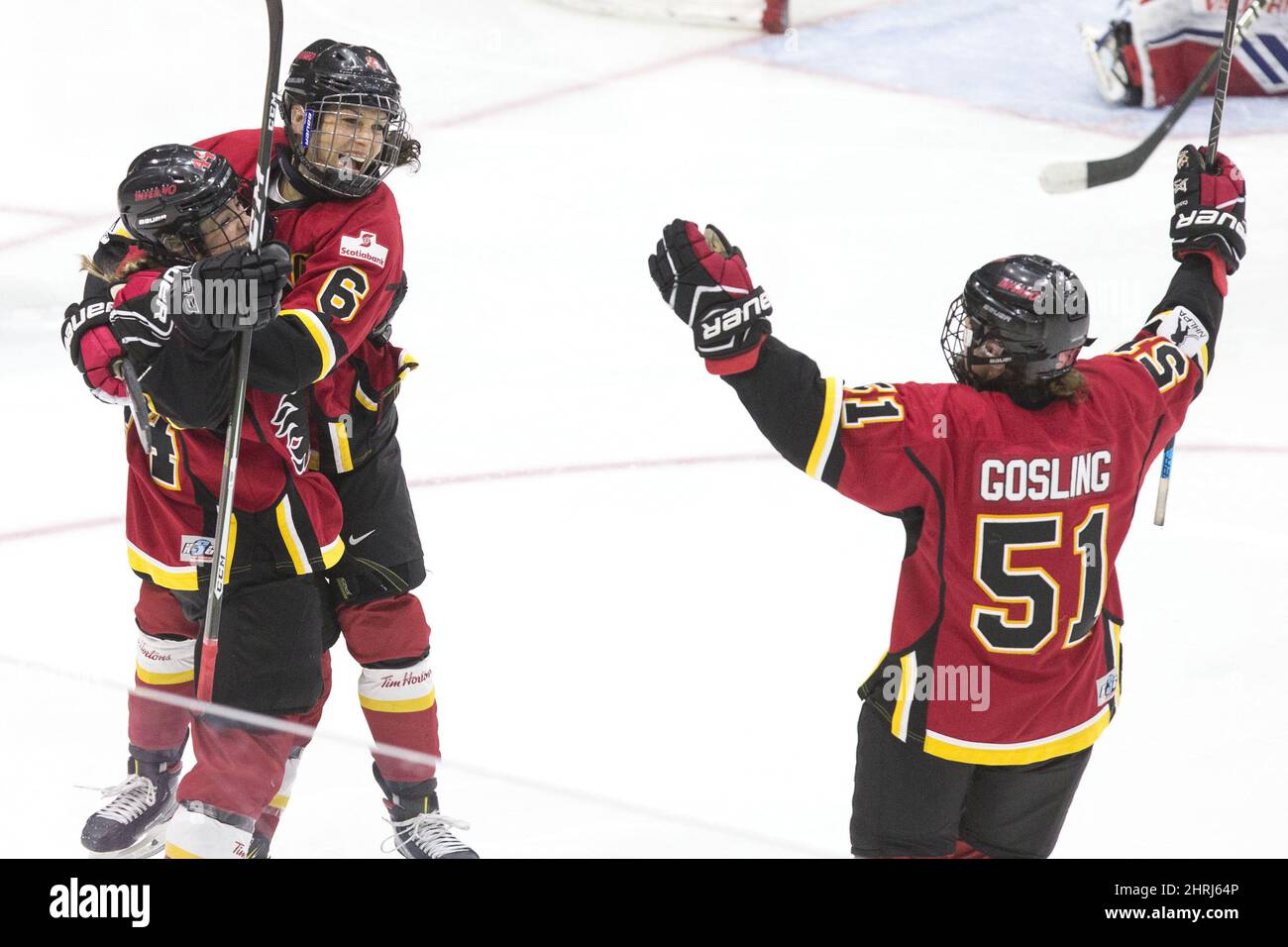 Calgary Inferno's Zoe Hickel (left) celebrates with Rebecca Johnston ...