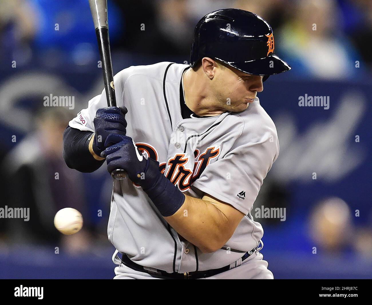 Detroit Tigers catcher Grayson Greiner (17) is hit by a pitch from ...