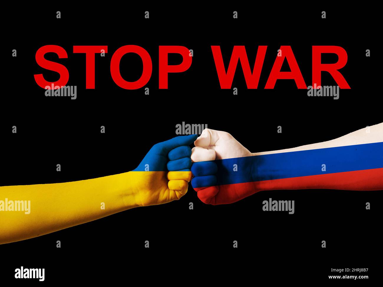 Fist fight flags of Ukraine and russia with text stop war on black ...