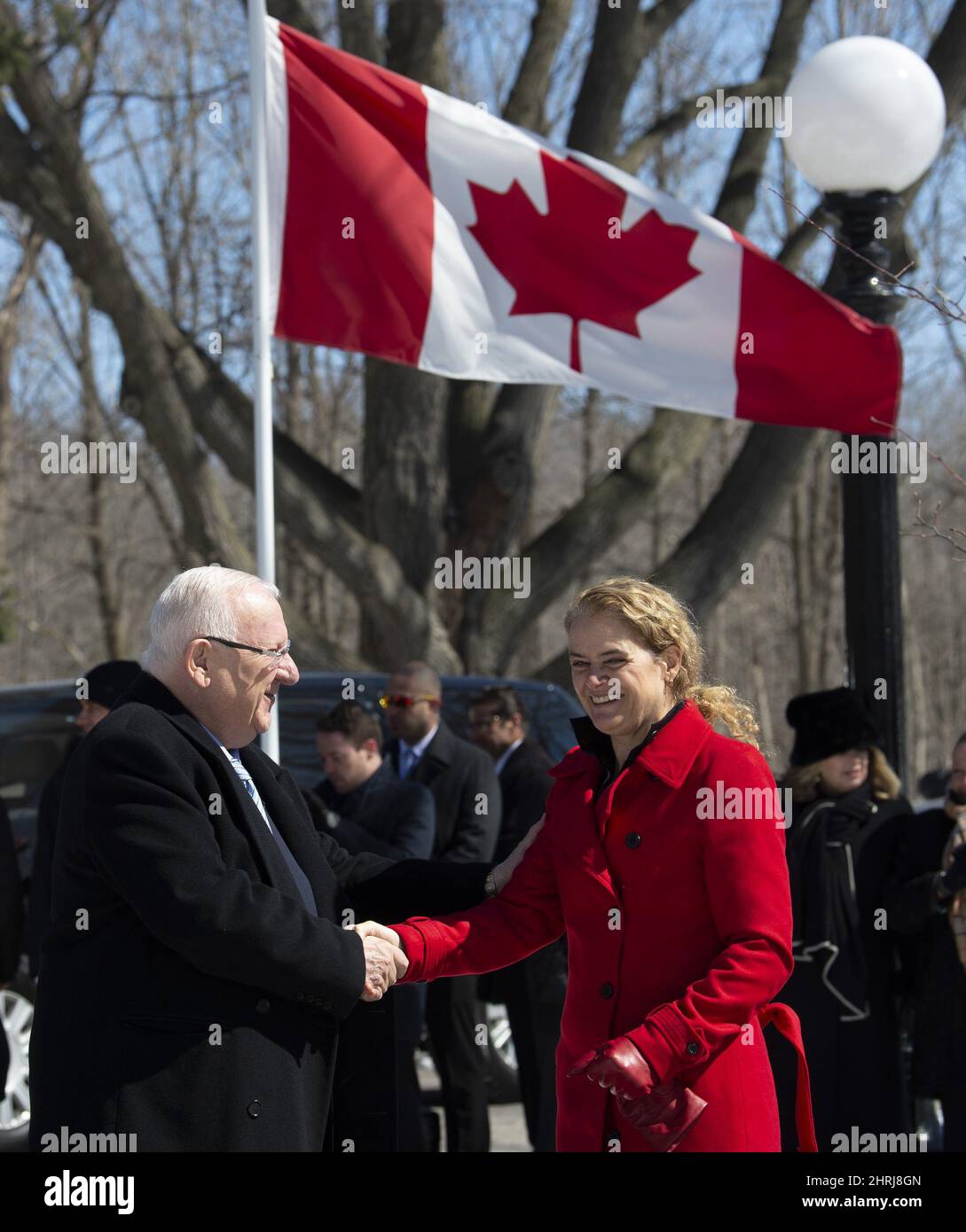 Governor General Julie Payette smiles as she shakes hands with Israeli President Reuven Rivlin ...