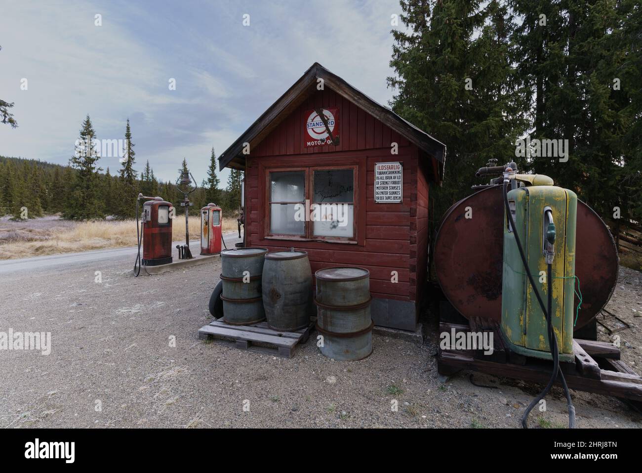 Shot of an abandoned gas station in the forest in Hallingdal, Norway ...
