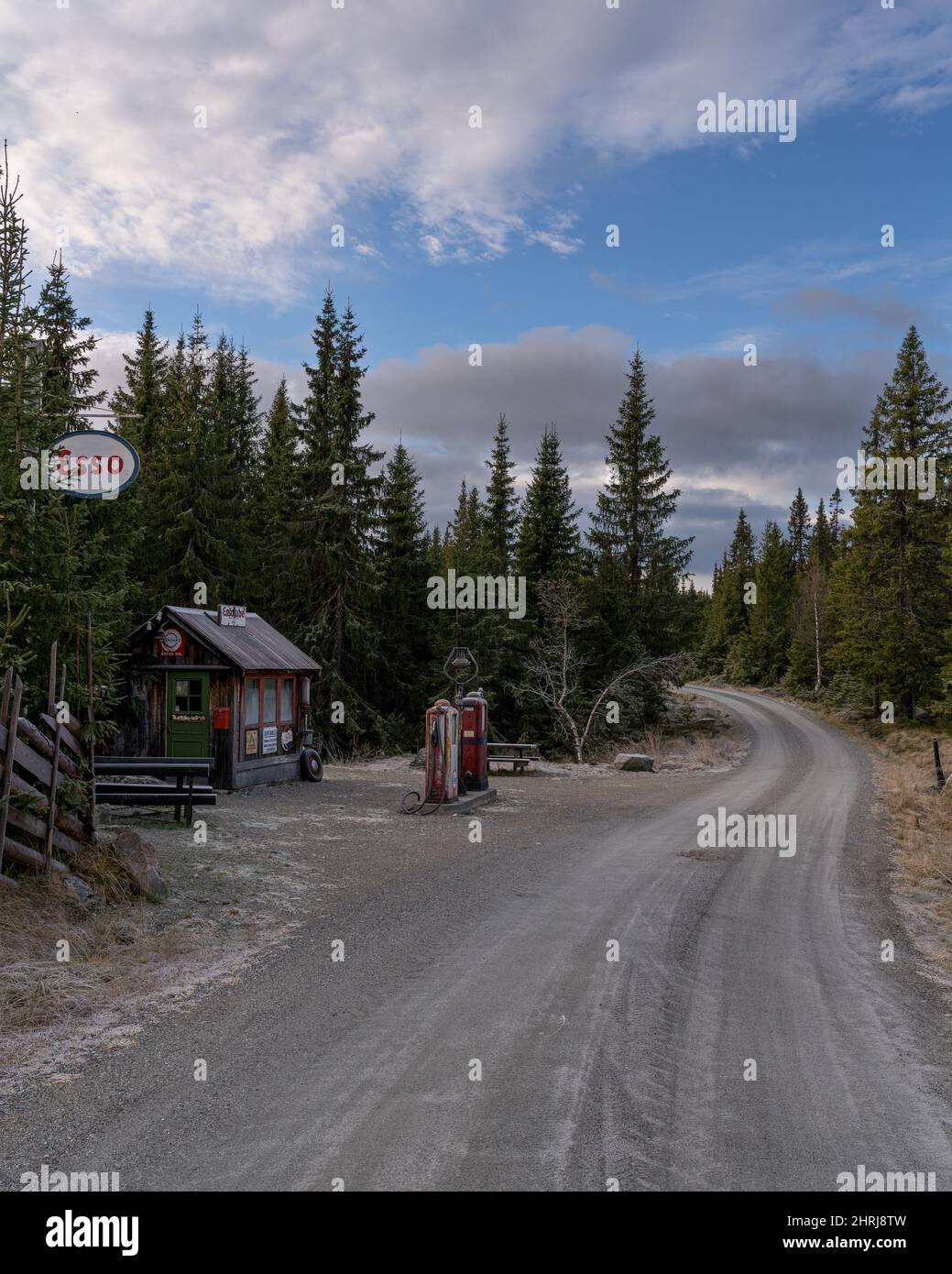 Shot of an abandoned gas station in the forest in Hallingdal, Norway ...