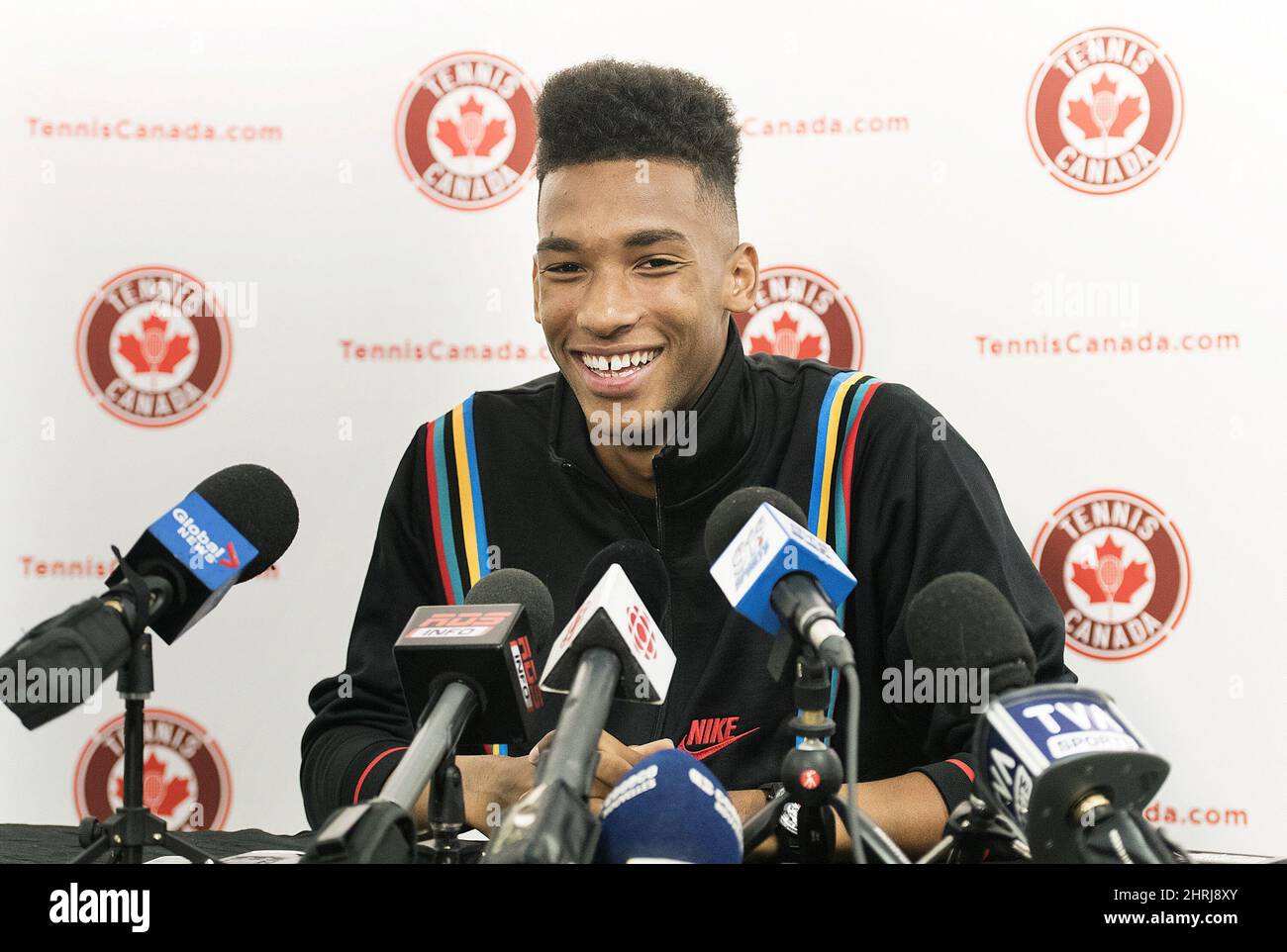 Canadian tennis player Felix Auger-Aliassime speaks to reporters during ...
