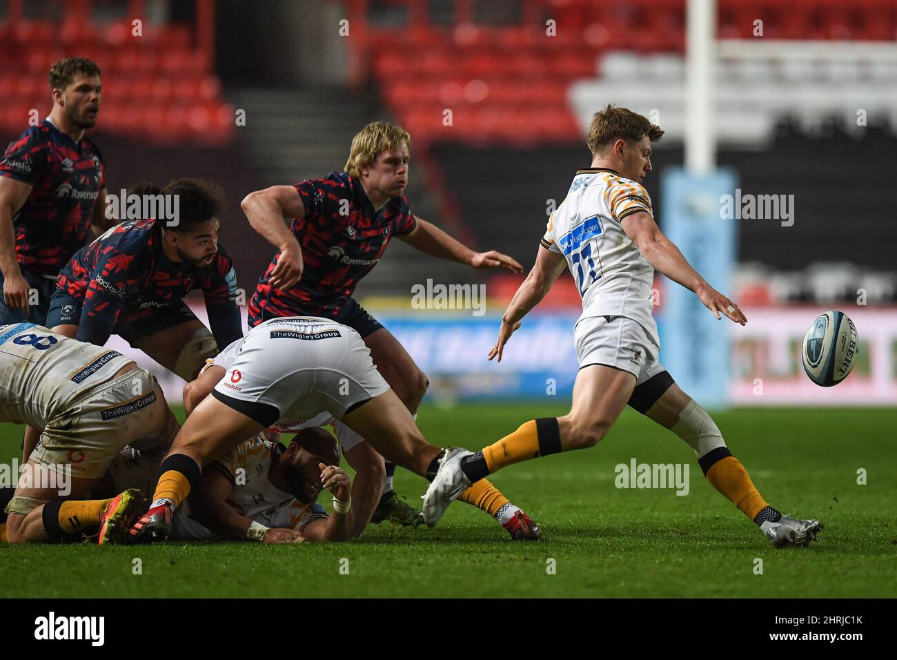 Will Porter of Wasps Rugby, clears the ball under pressure from Dan ...