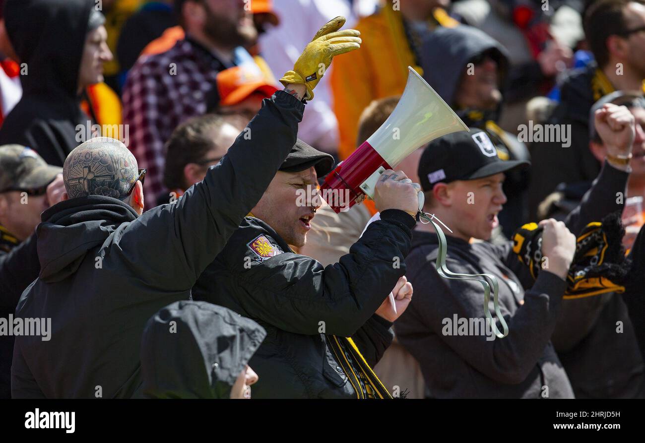 Forge FC fans chant and cheer during the inaugural soccer match of the ...