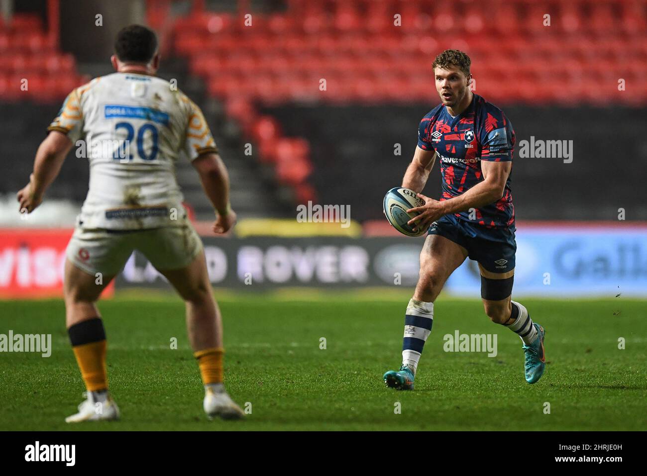 Henry Purdy of Bristol Bears, takes on Alfie Barbeary of Wasps Rugby ...