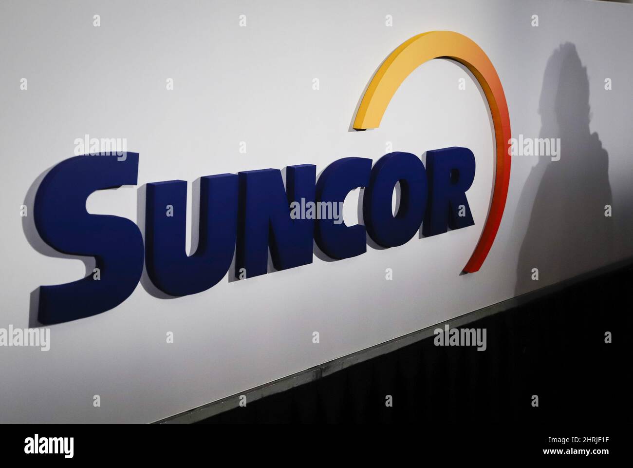A Suncor logo is shown at the company's annual meeting in Calgary ...