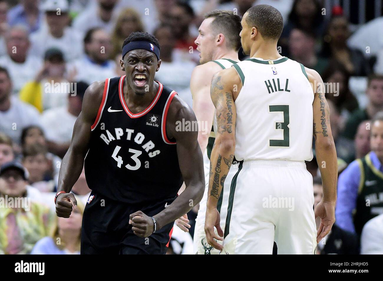 Toronto Raptors forward Pascal Siakam (43) celebrates a dunk during ...
