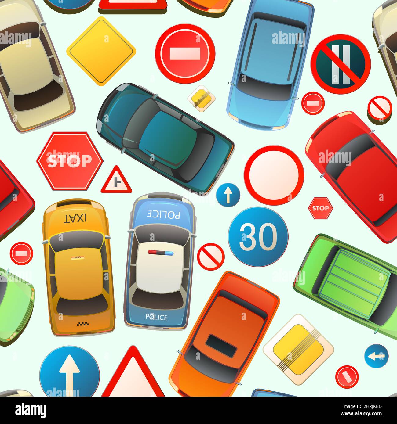 Auto traffic seamless pattern. Top view from above. Cars and road signs ...