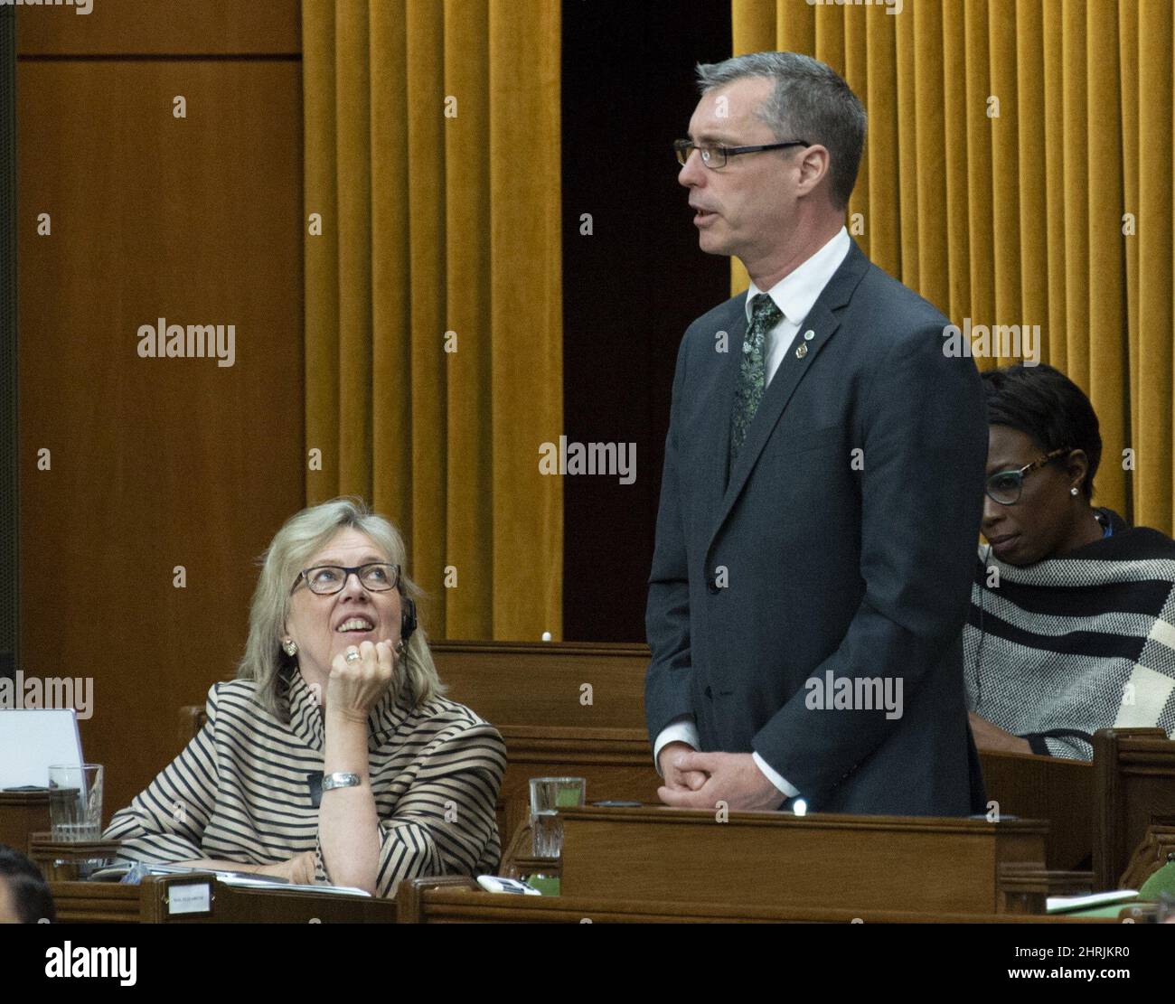 Green Party Leader Elizabeth May looks on as new MP Paul Manly rises to ...