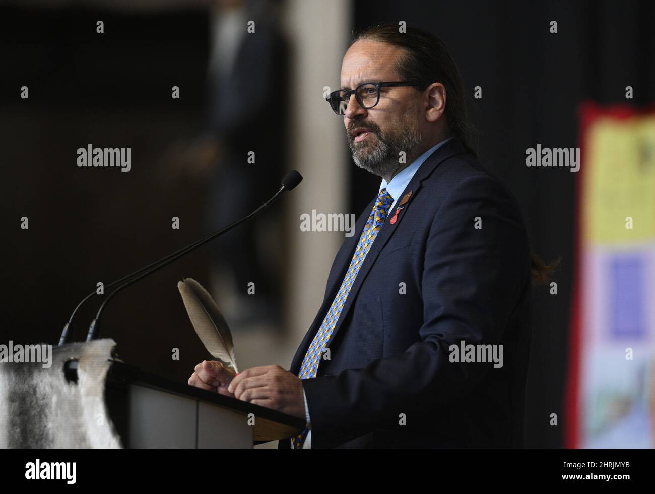 Commissioner Brian Eyolfson speaks during ceremonies marking the ...
