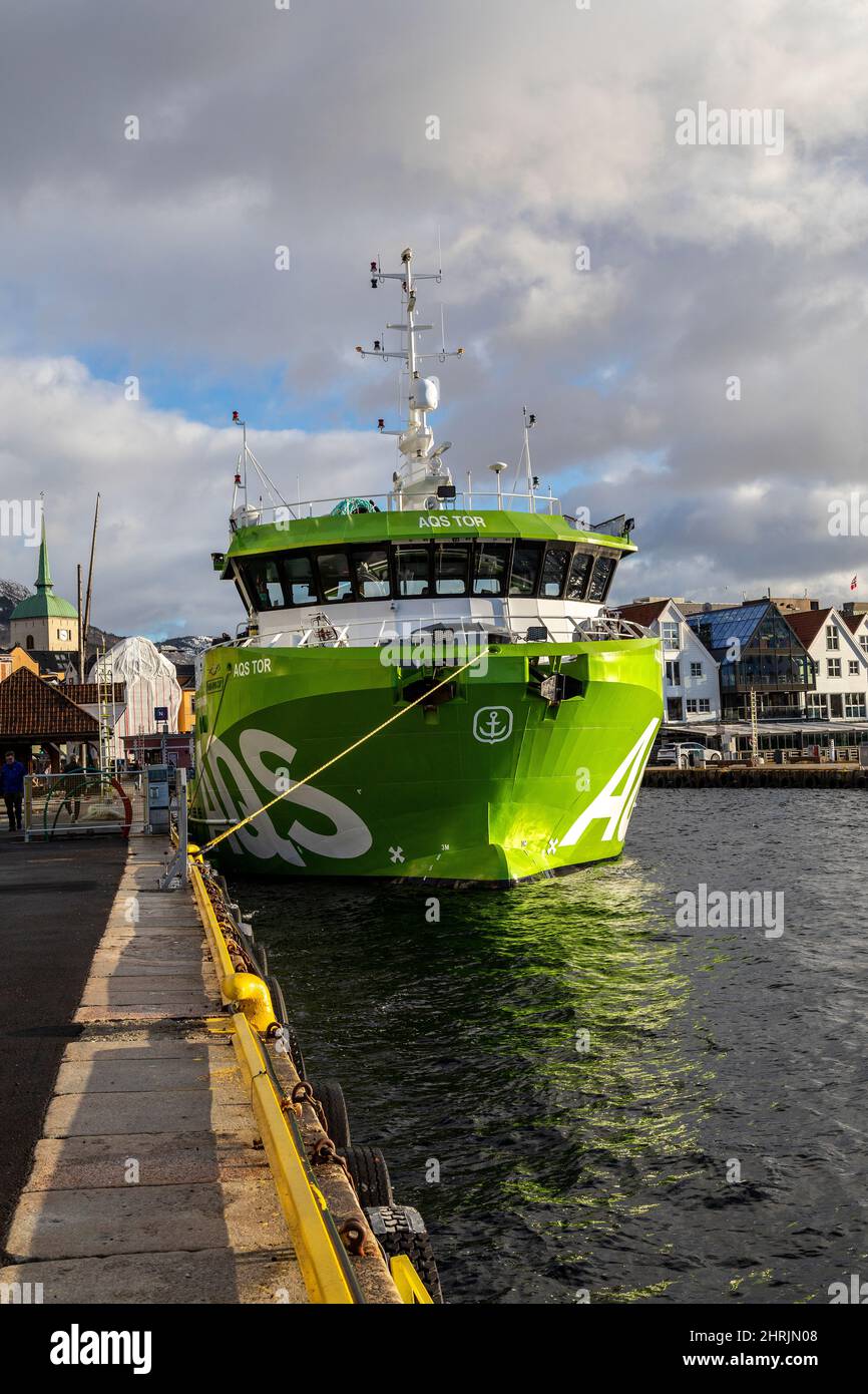 Service vessel for fish farming, aqua service, AQS Tor at Bryggen quay ...