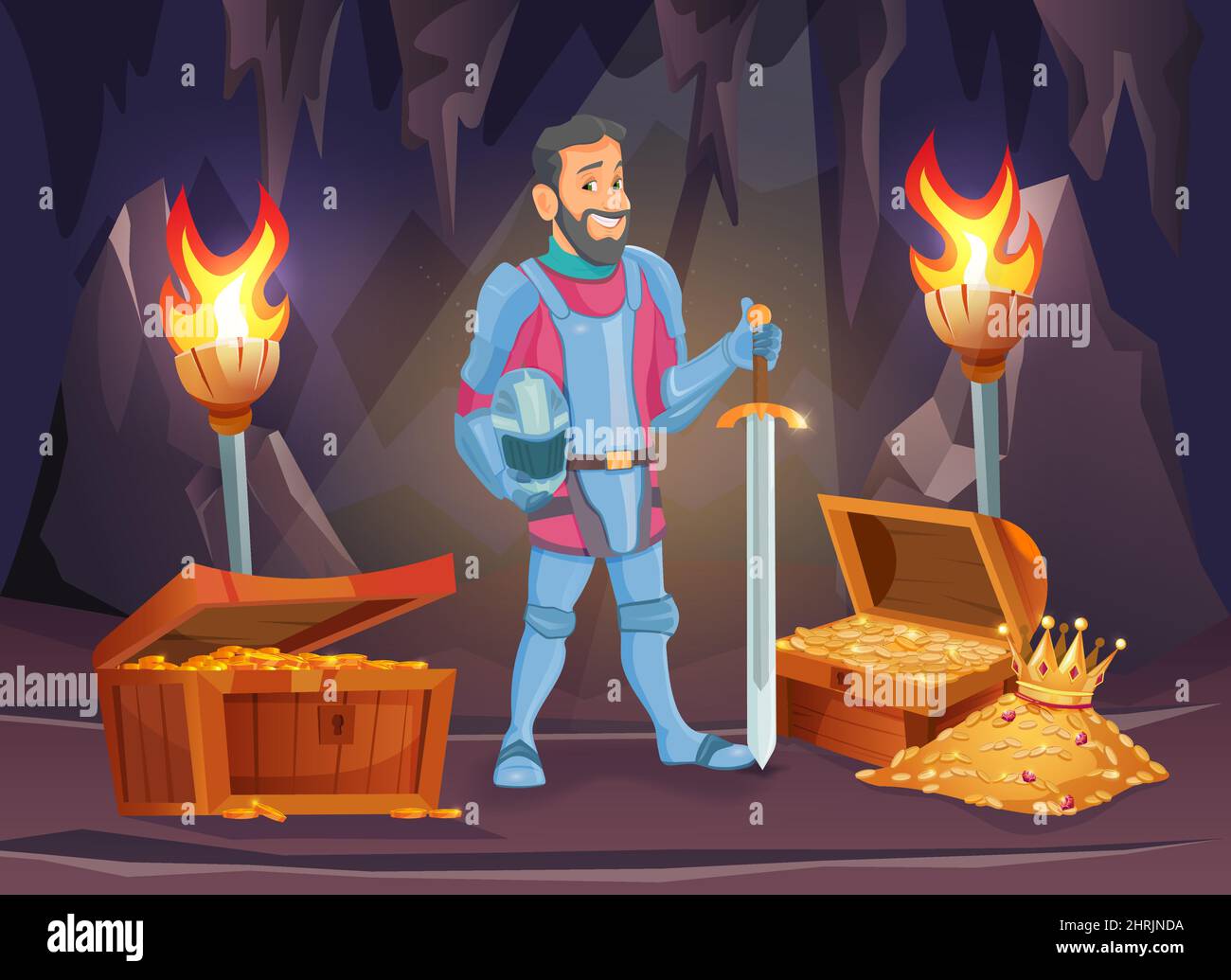 Heroic adventure scene with knight with sword finding enchanted ...