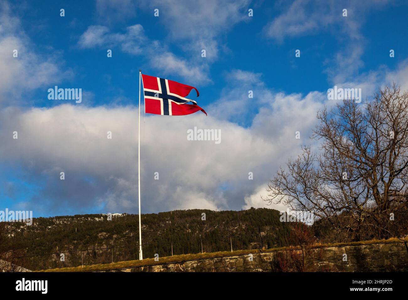 Norwegian national flag in the wind, at Bergenhus fort in the port of ...