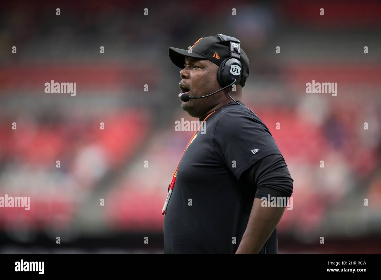 B.C. Lions head coach DeVone Claybrooks shouts from the sideline during ...