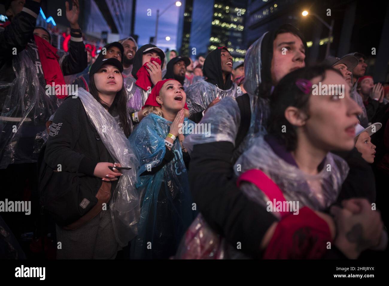 Raptors fans react from the Jurassic Park fanzone outside of Scotiabank ...