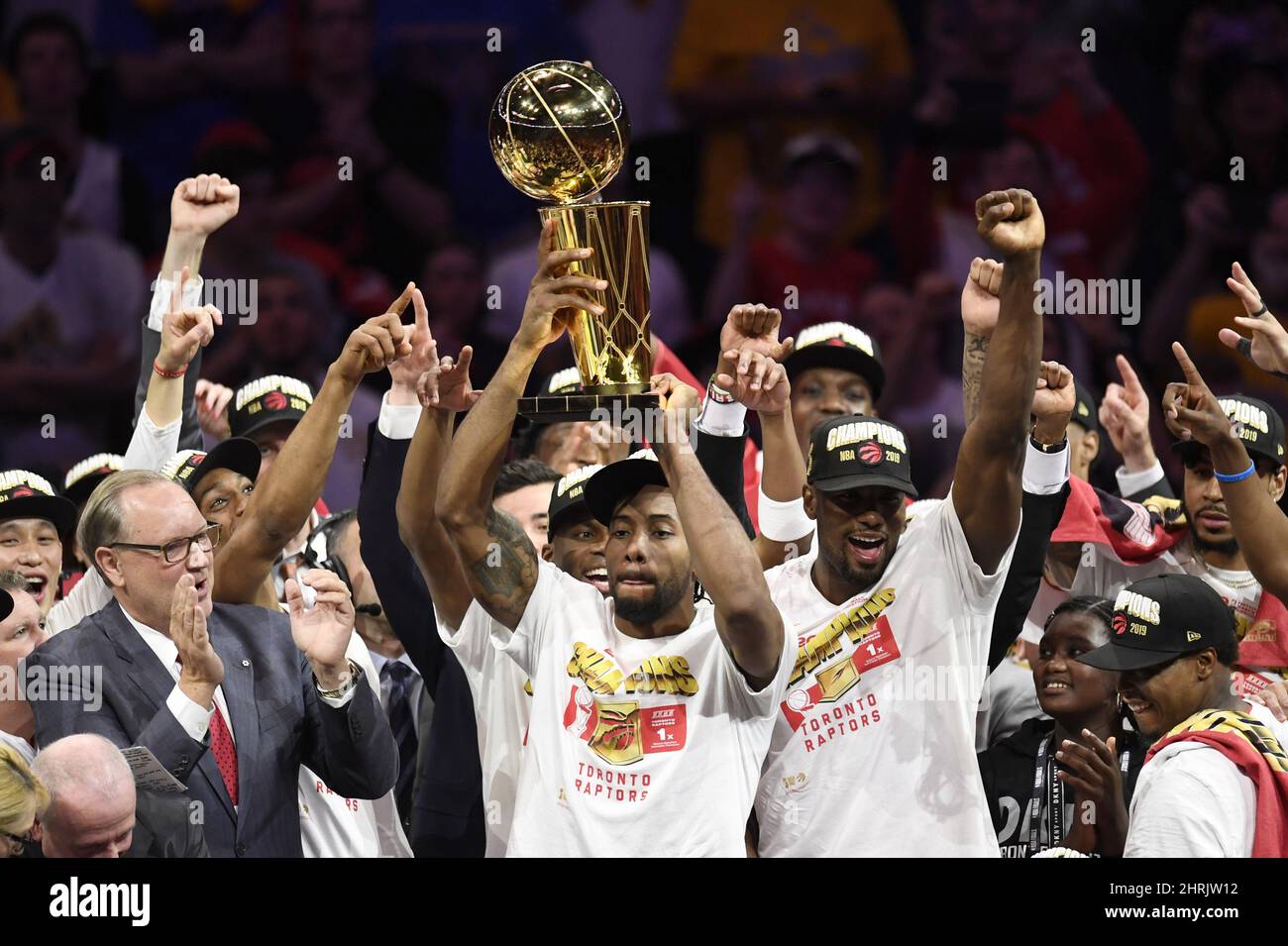 Toronto Raptors forward Kawhi Leonard, centre, holds Larry O'Brien NBA ...