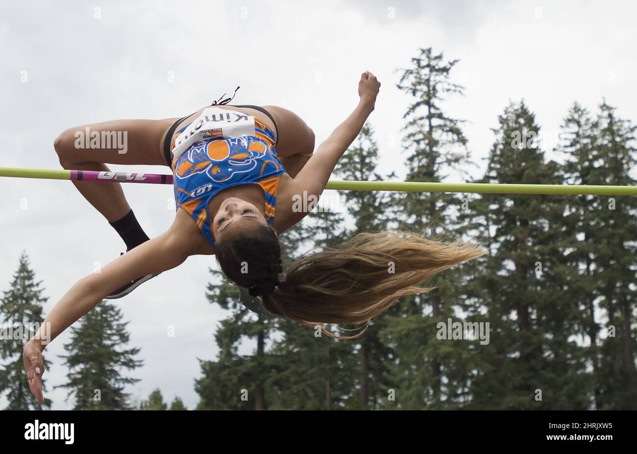 Emma Kimoto is seen during the women's high jump at the Harry Jerome ...