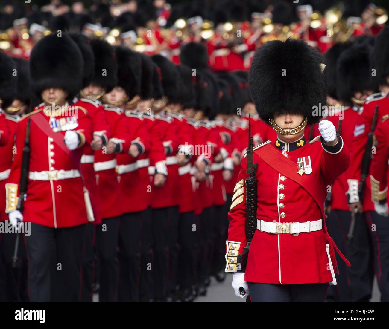 Members of the Ceremonial Guard march through the grounds at Rideau Hall to an inspection by the ...