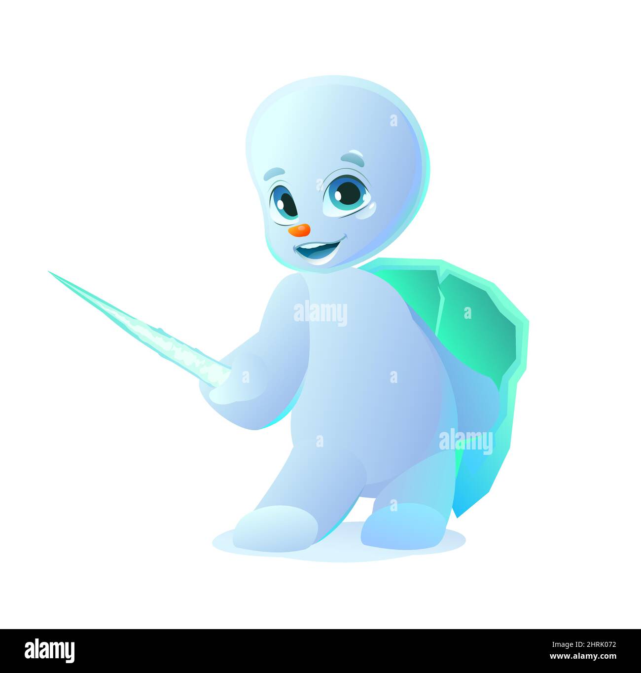 Little snowman ready to be an icicle. Cartoon person stands and smiles ...