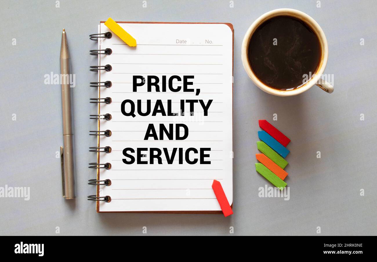 Closeup on businessman holding a card with text PRICE, QUALITY AND ...