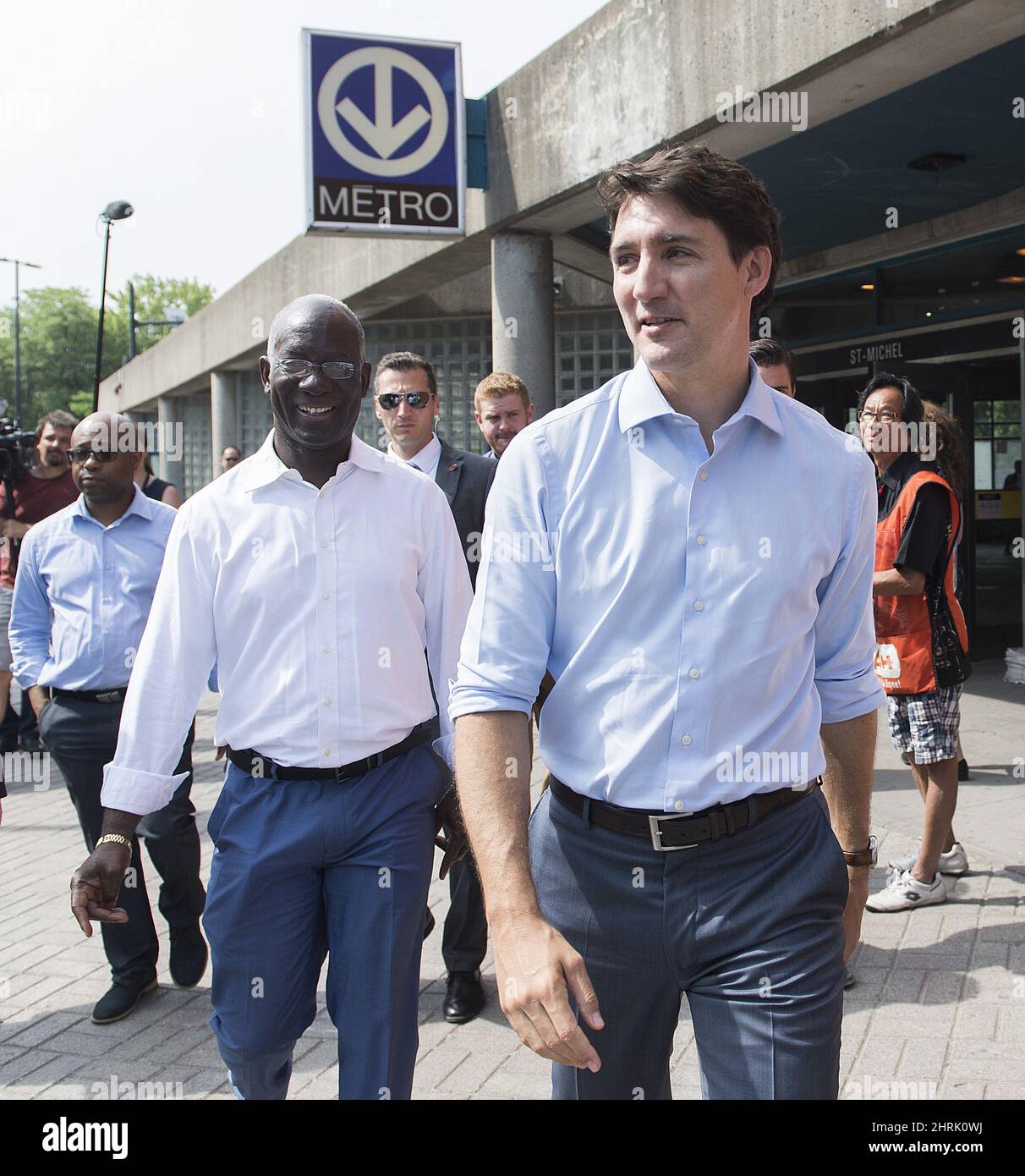 Prime Minister Justin Trudeau walks outside St. Michel metro station in ...