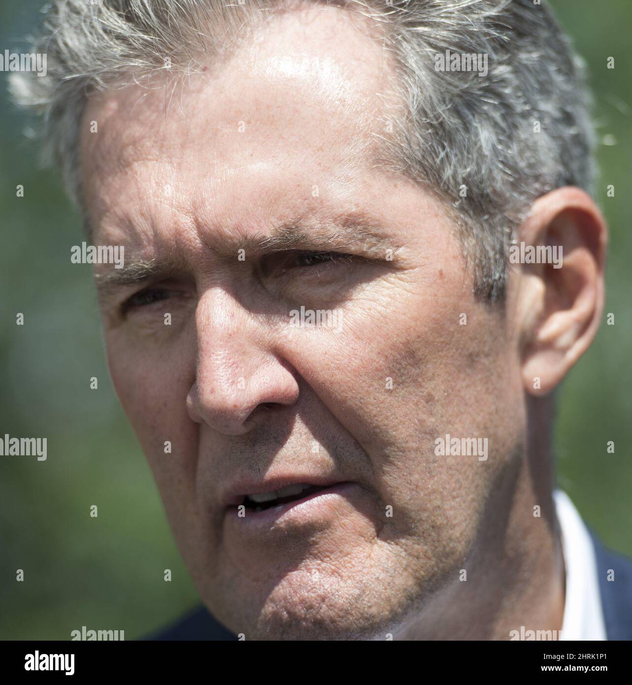 Manitoba Premier Brian Pallister reacts as he speaks to the media ...