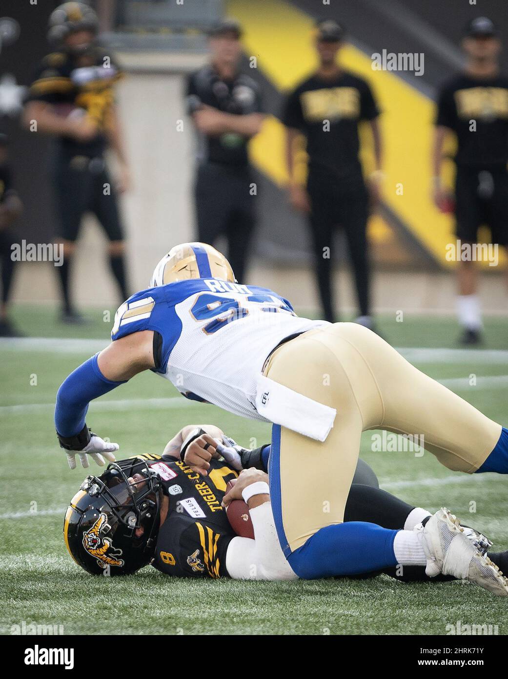 Winnipeg Blue Bombers defensive lineman Craig Roh (93) goes over ...