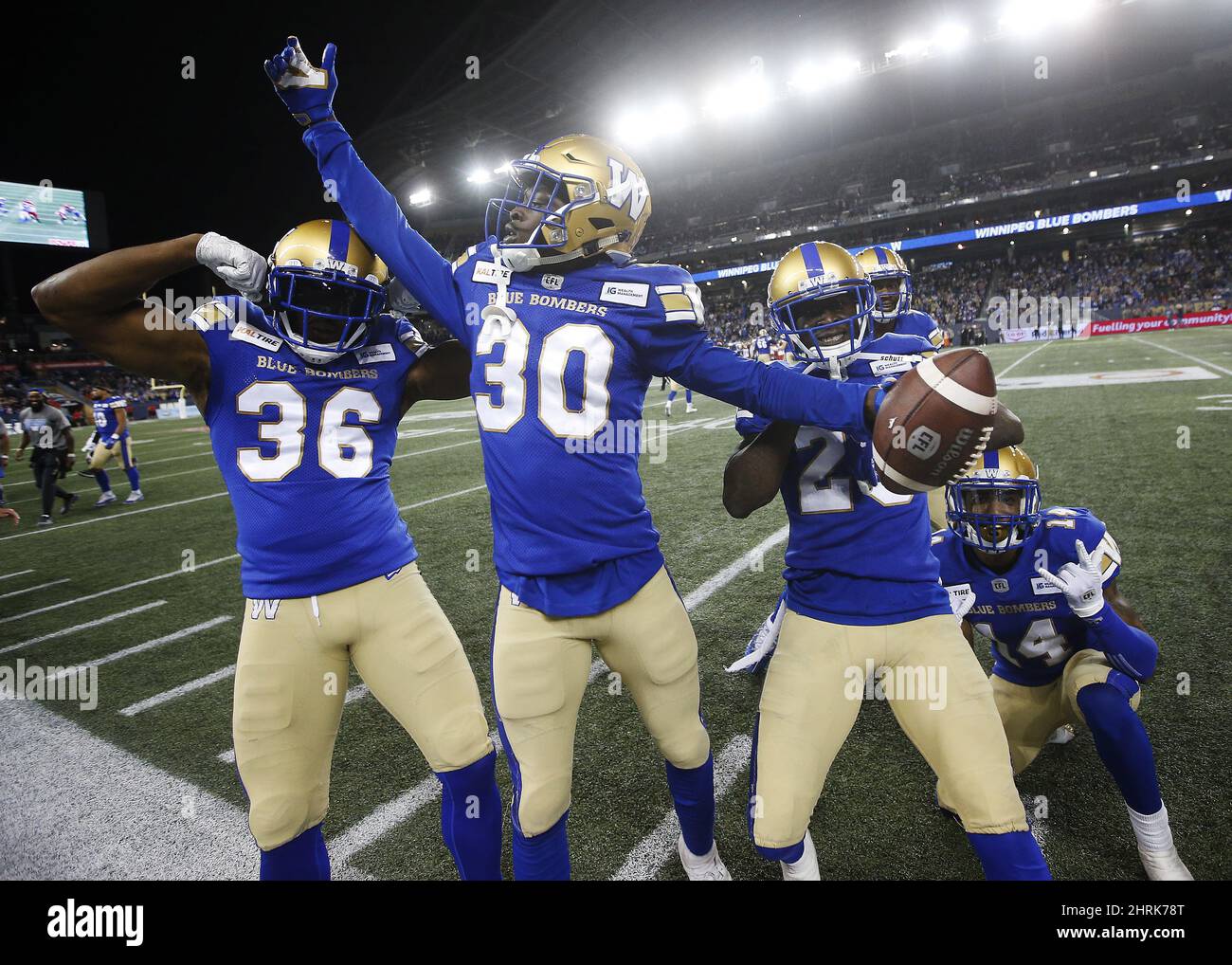 Winnipeg Blue Bombers' Mercy Maston (36), Winston Rose (30), Anthony ...