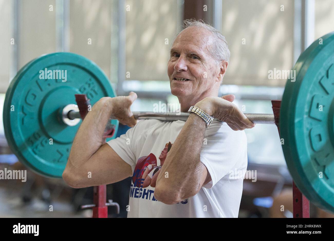 Marcel Perron lifts in the training room during the 2019 World Masters ...