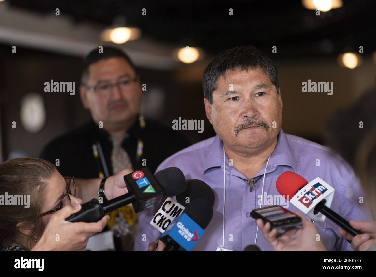 Lac La Ronge Grand Chief Brian Hardlotte talks during a press ...