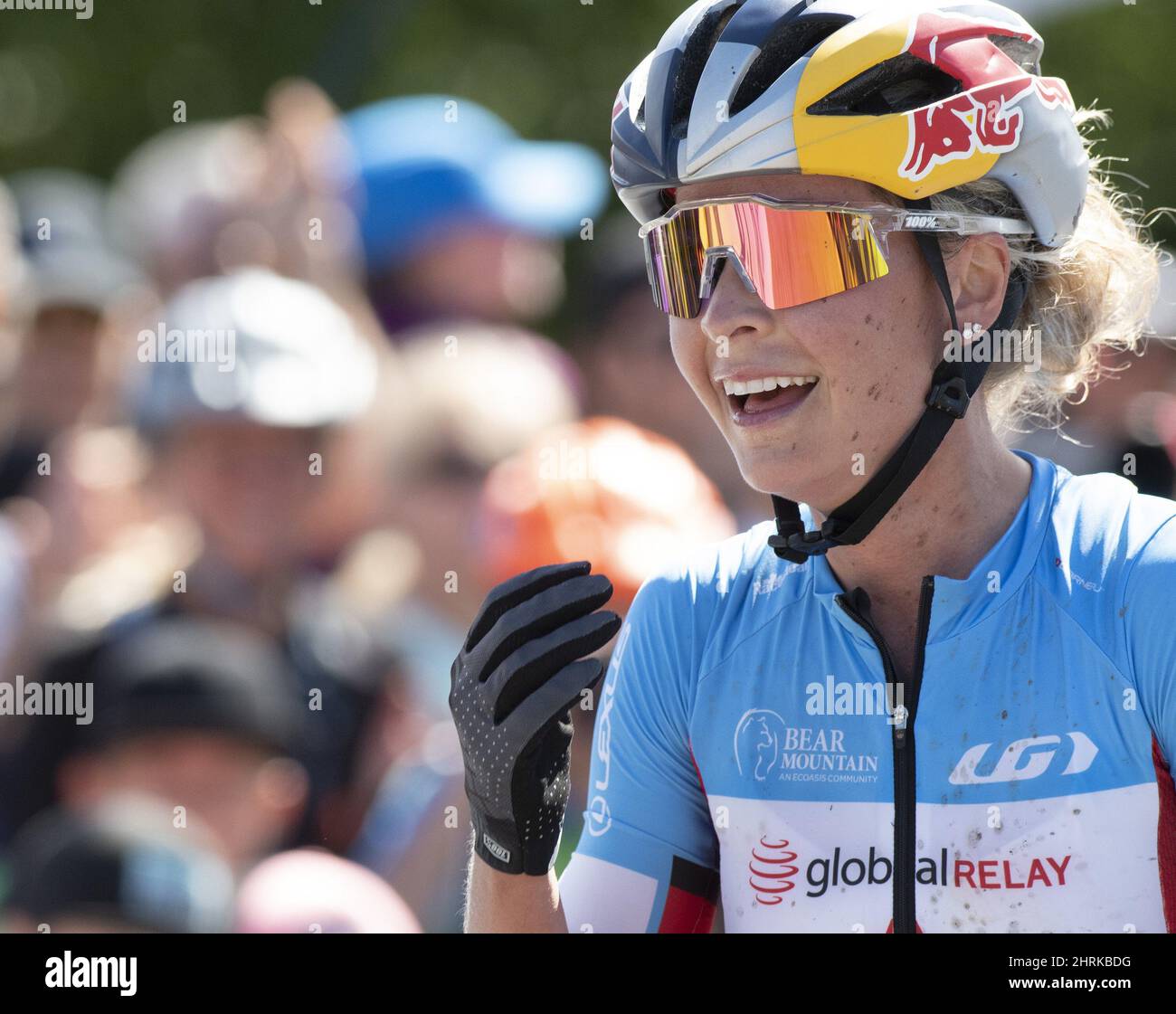 Top Canadian Emily Batty of Oshawa Ont. celebrates after crossing the ...