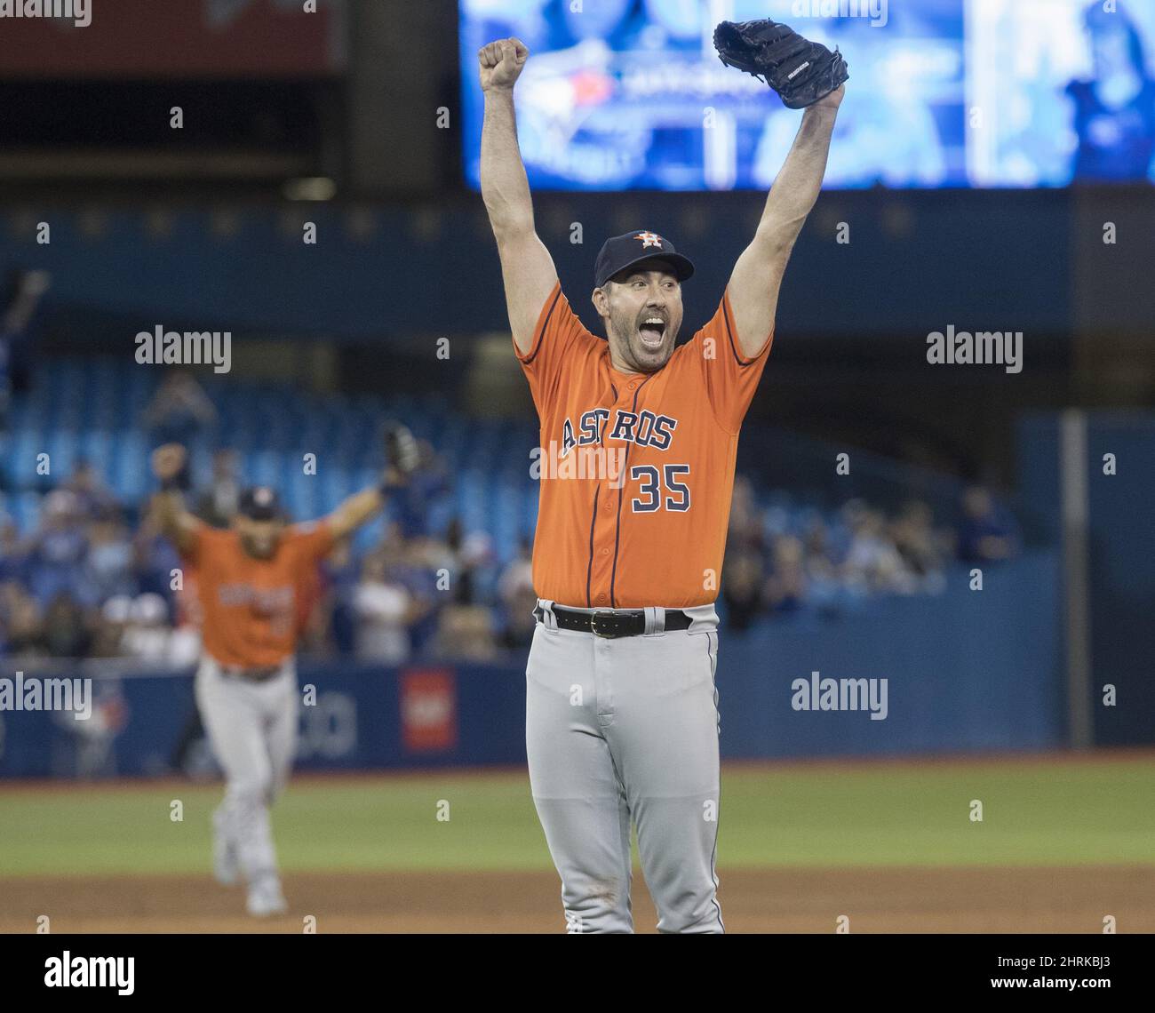 Houston Astros starting pitcher Justin Verlander reacts after pitching ...